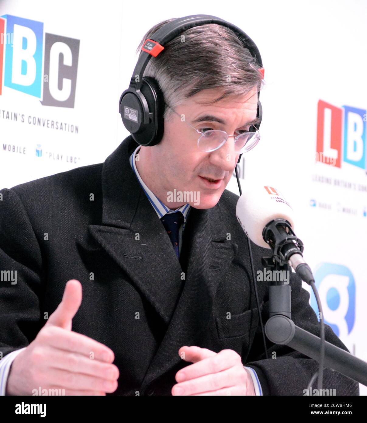 Photograph of Jacob Rees-Mogg speaking on LBC radio. Jacob William Rees ...
