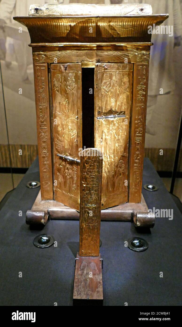Gilded wooden shrine with depictions of Tutankhamun and Ankhesenamun ...