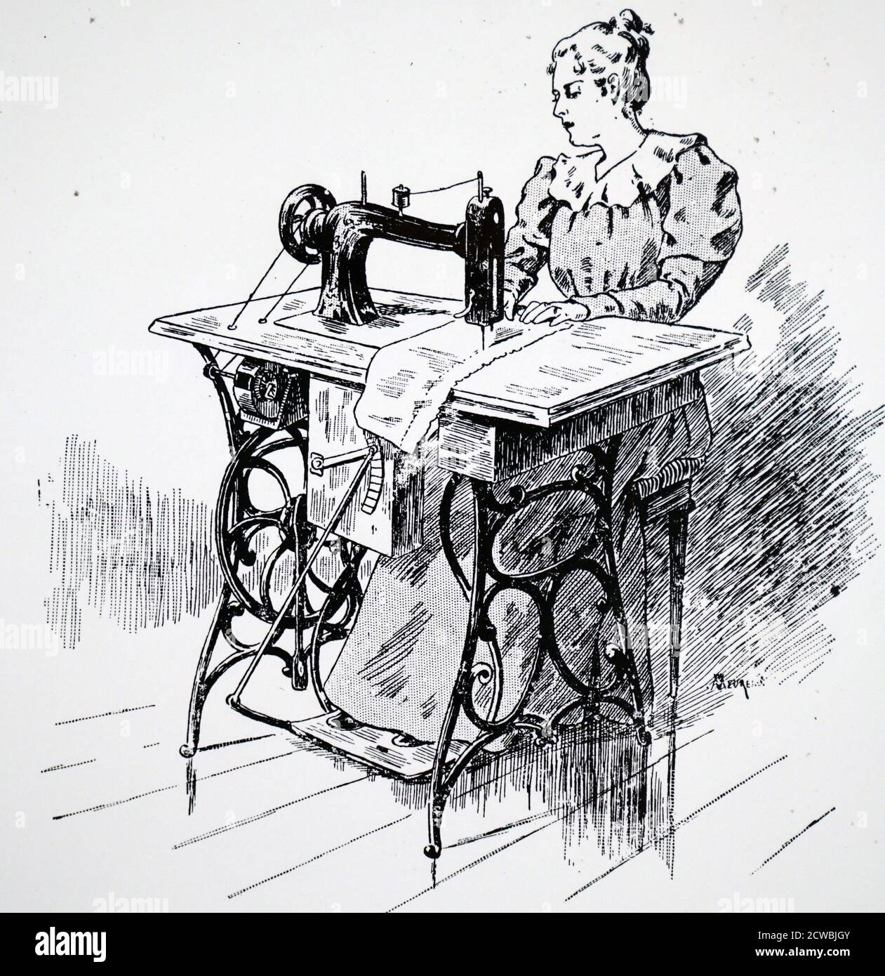 Engraving depicting an electric sewing machine Stock Photo - Alamy