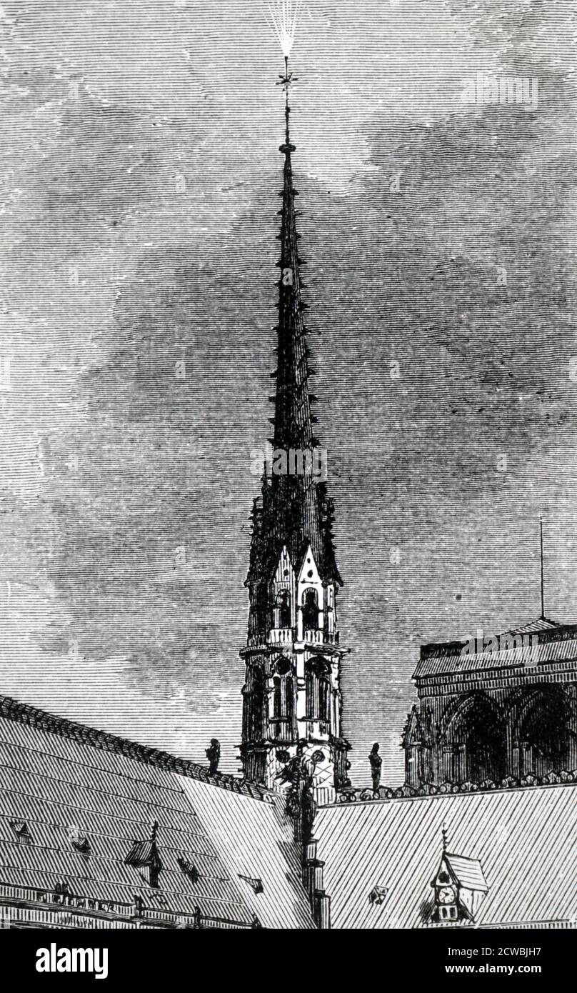 Engraving depicting St Elmo's fire on the tip of the cross of Notre ...