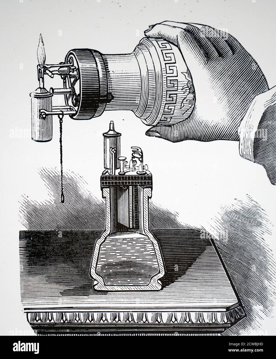 Engraving depicting a table lighter which used an electrically produced ...