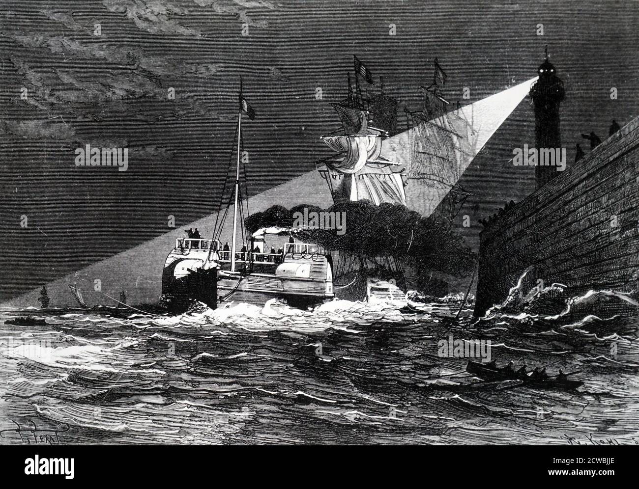 Engraving a tug boat towing a ship into harbour at night, its path ...