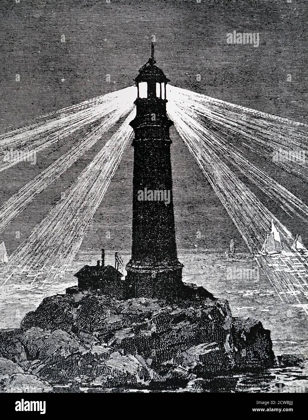 Engraving depicting a lighthouse using a carbon arc light, Sydney ...