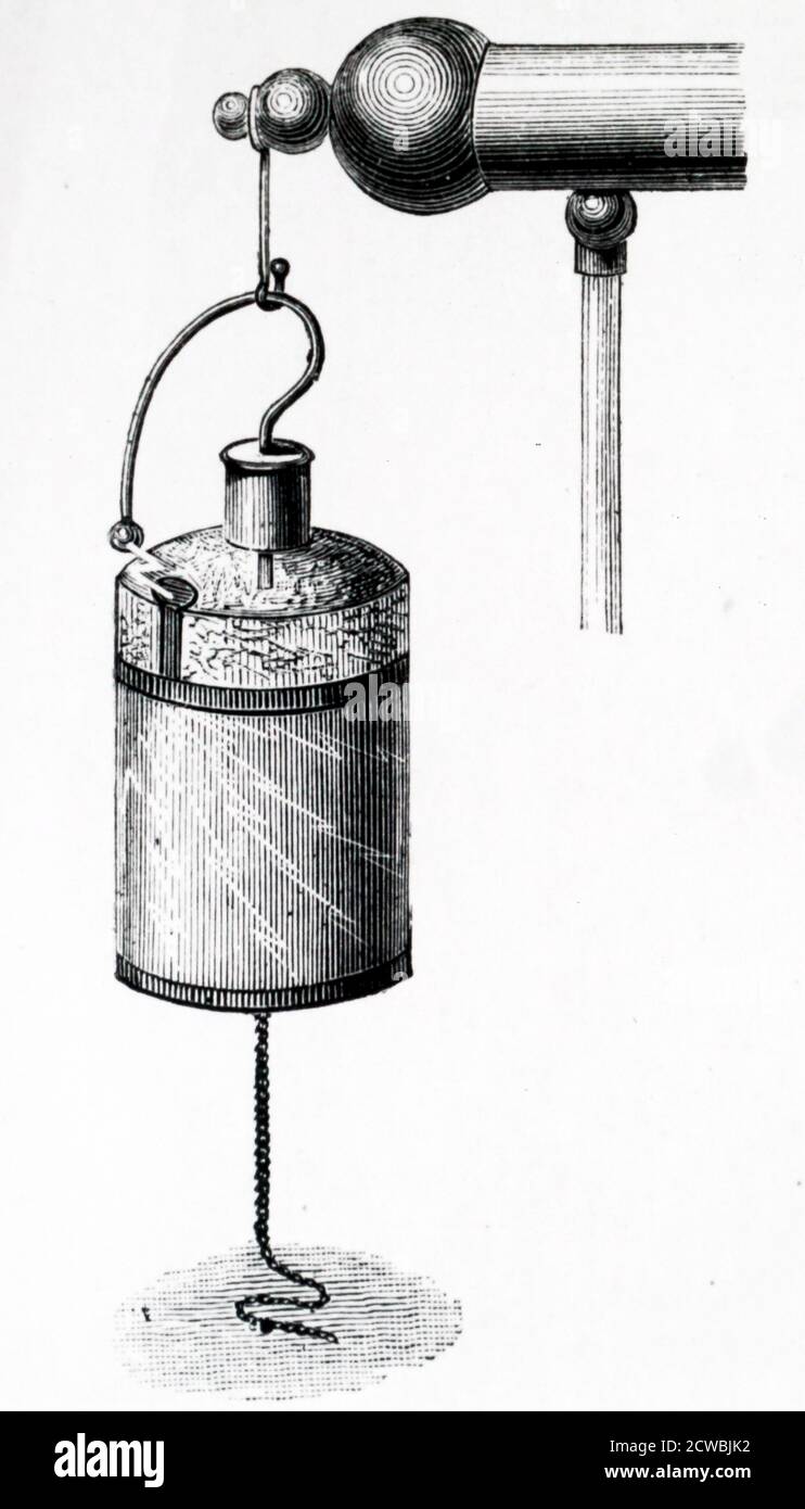 Engraving depicting a Leyden jar attached to a static electric machine ...