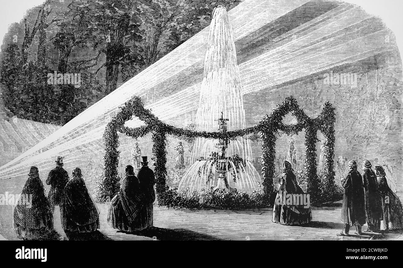 Engraving depicting a fountain illuminated by electric light for the ...