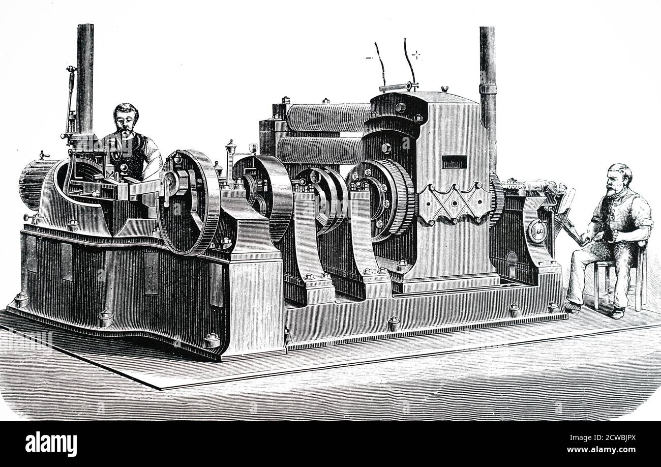 Engraving depicting Edison's "Thousand-light" machine. A 125 hp steam ...