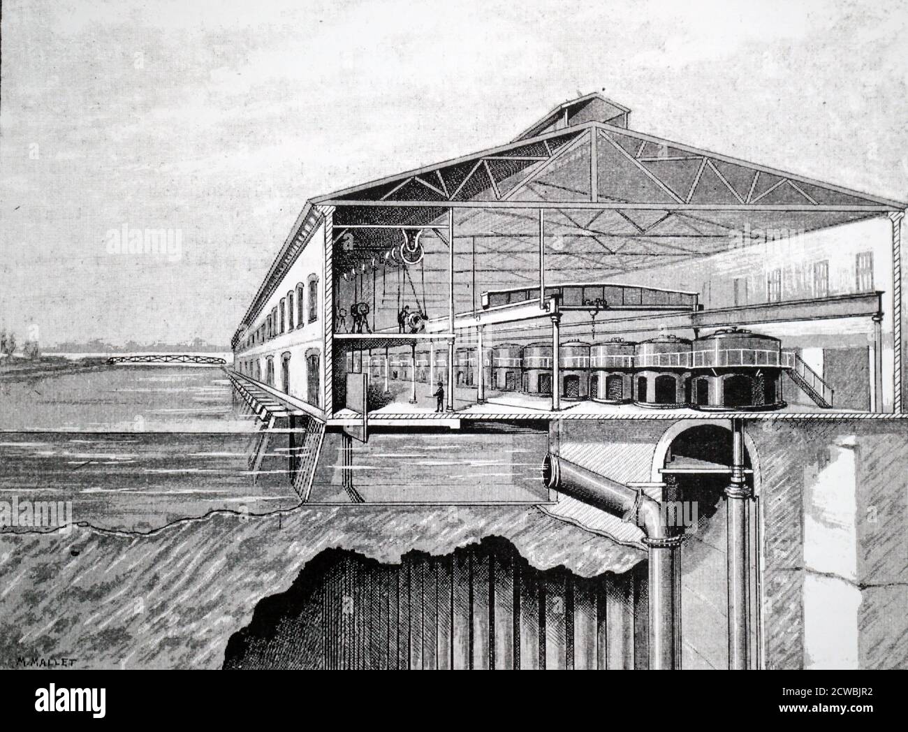 Engraving depicting the central hall of the Niagara Falls power station ...