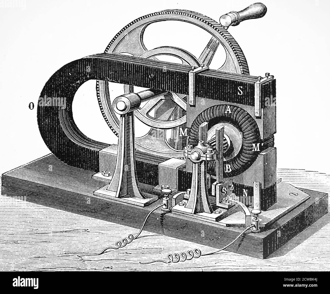 Engraving depicting Zenobe Gramme's hand-powered machine for laboratory ...