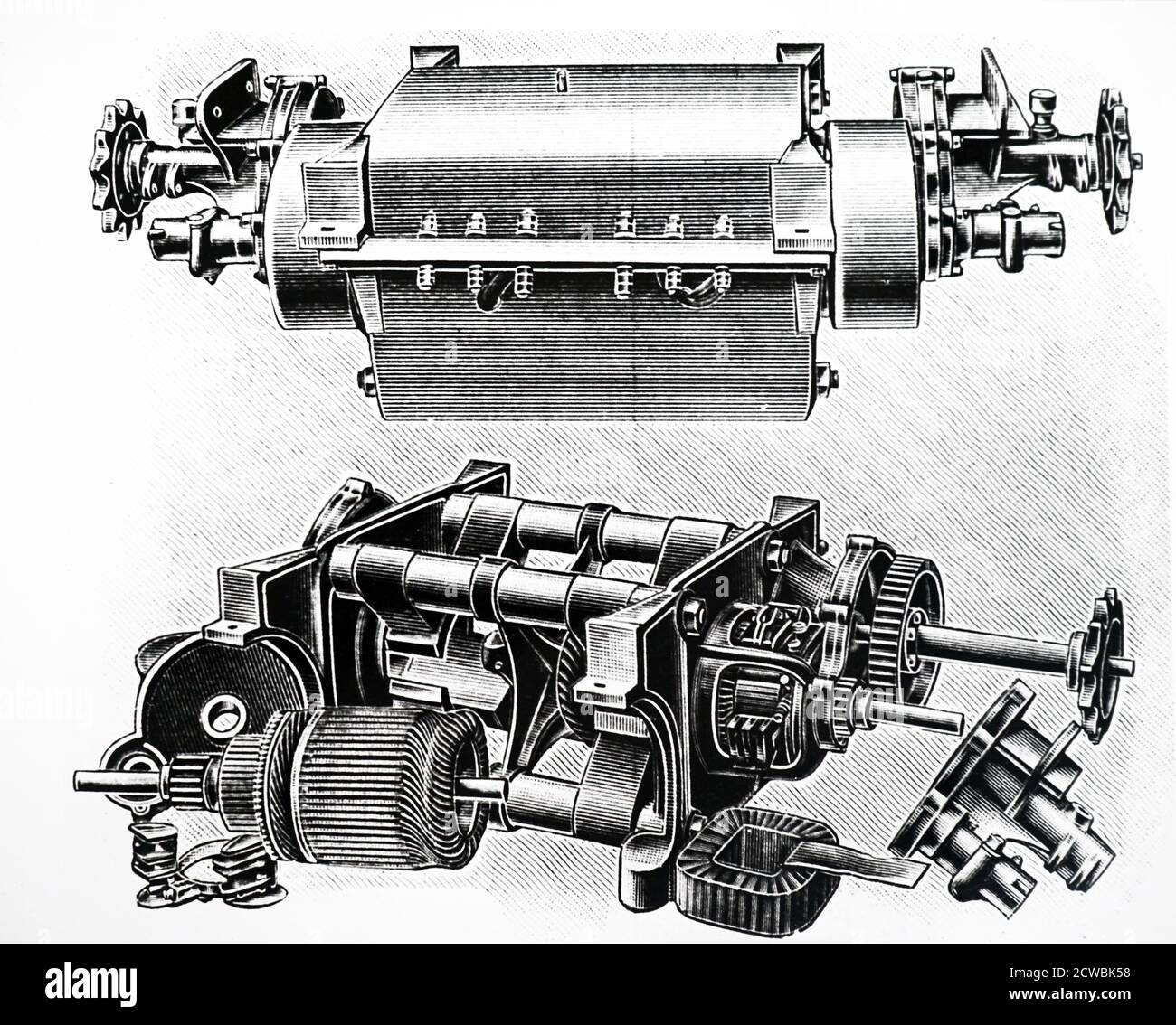 Engraving depicting an electric motor used for driving delivery van ...