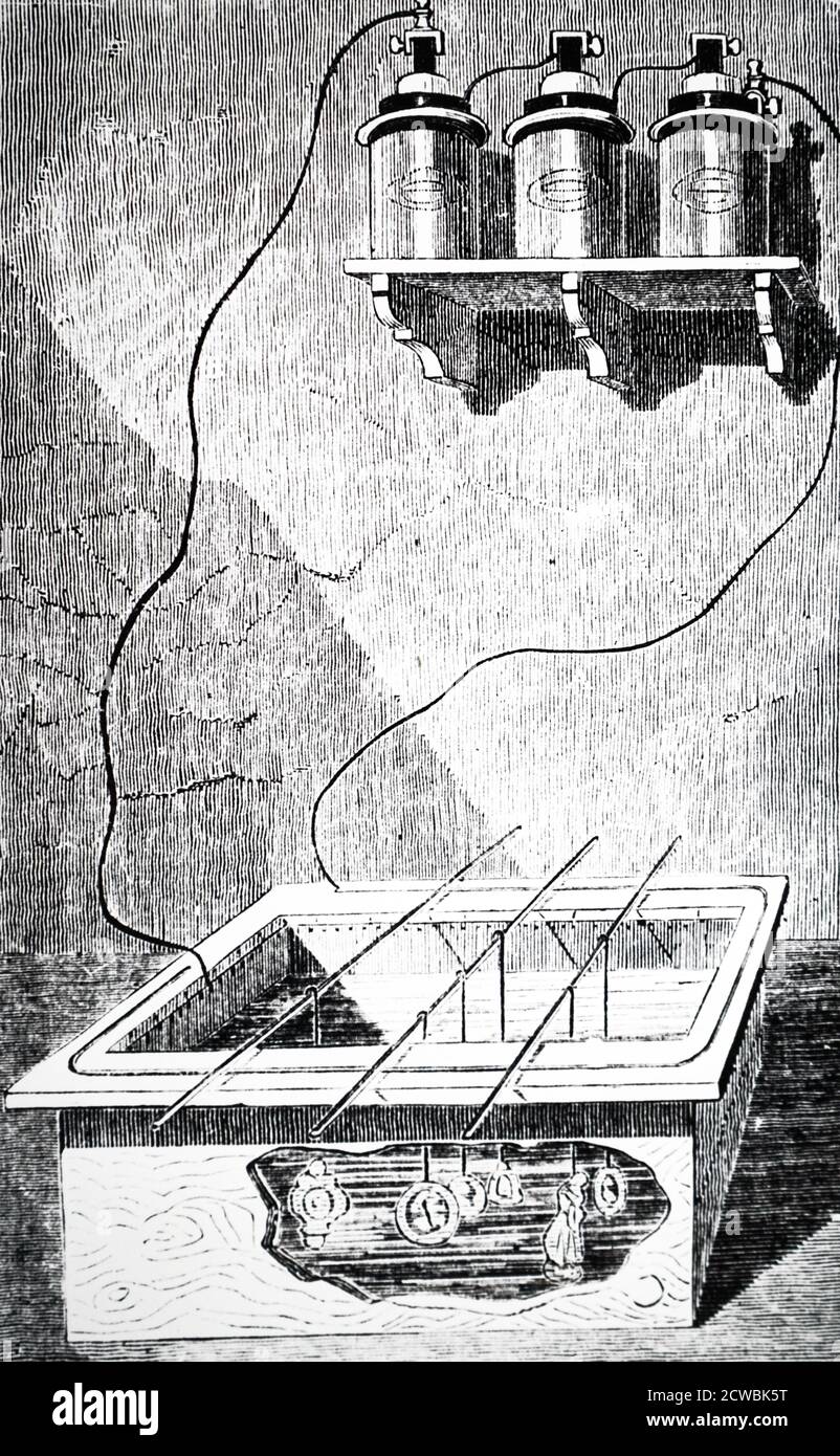 Engraving depicting an electroplating bath with Bunsen cells (wet ...
