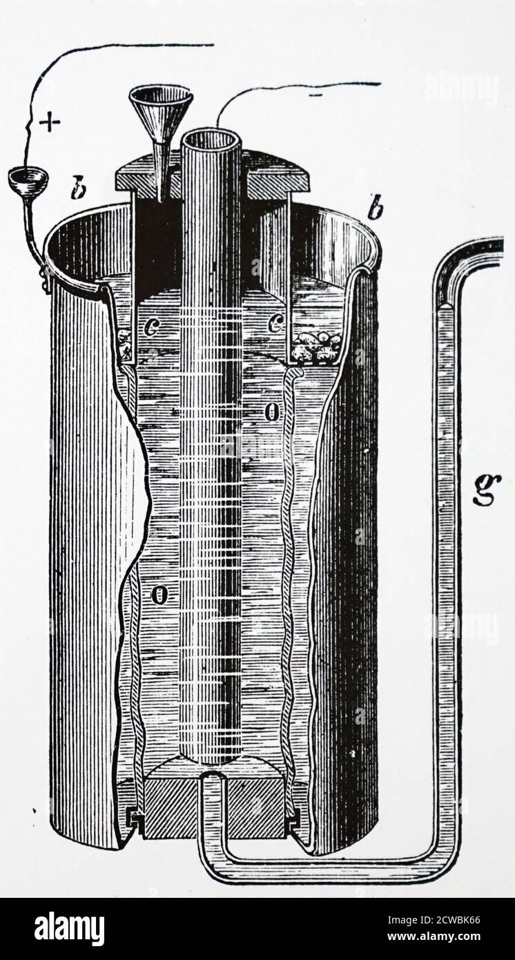 Engraving depicting John Frederic Daniell's original electric cell ...