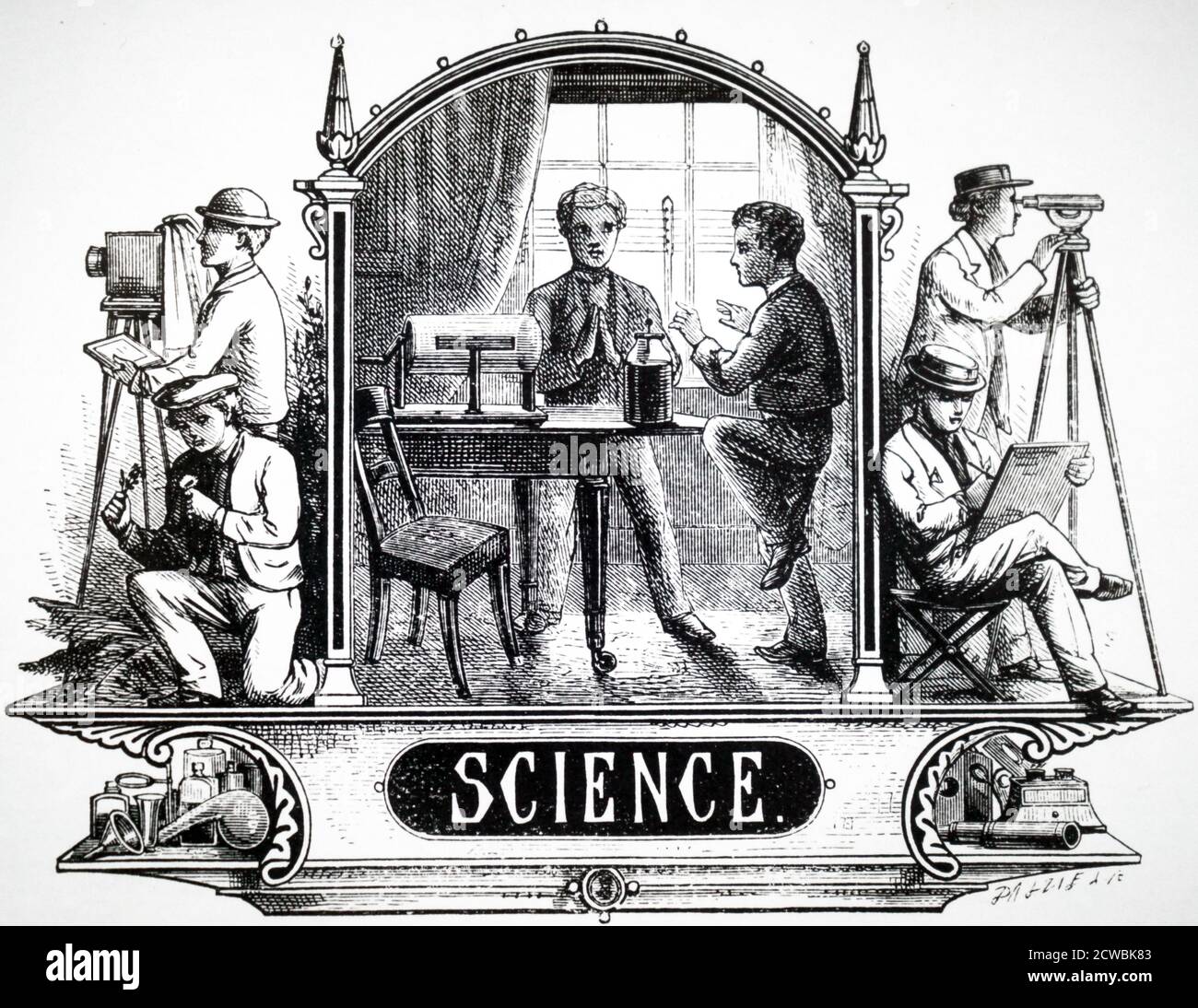 Engraving depicting young boys learning science Stock Photo - Alamy