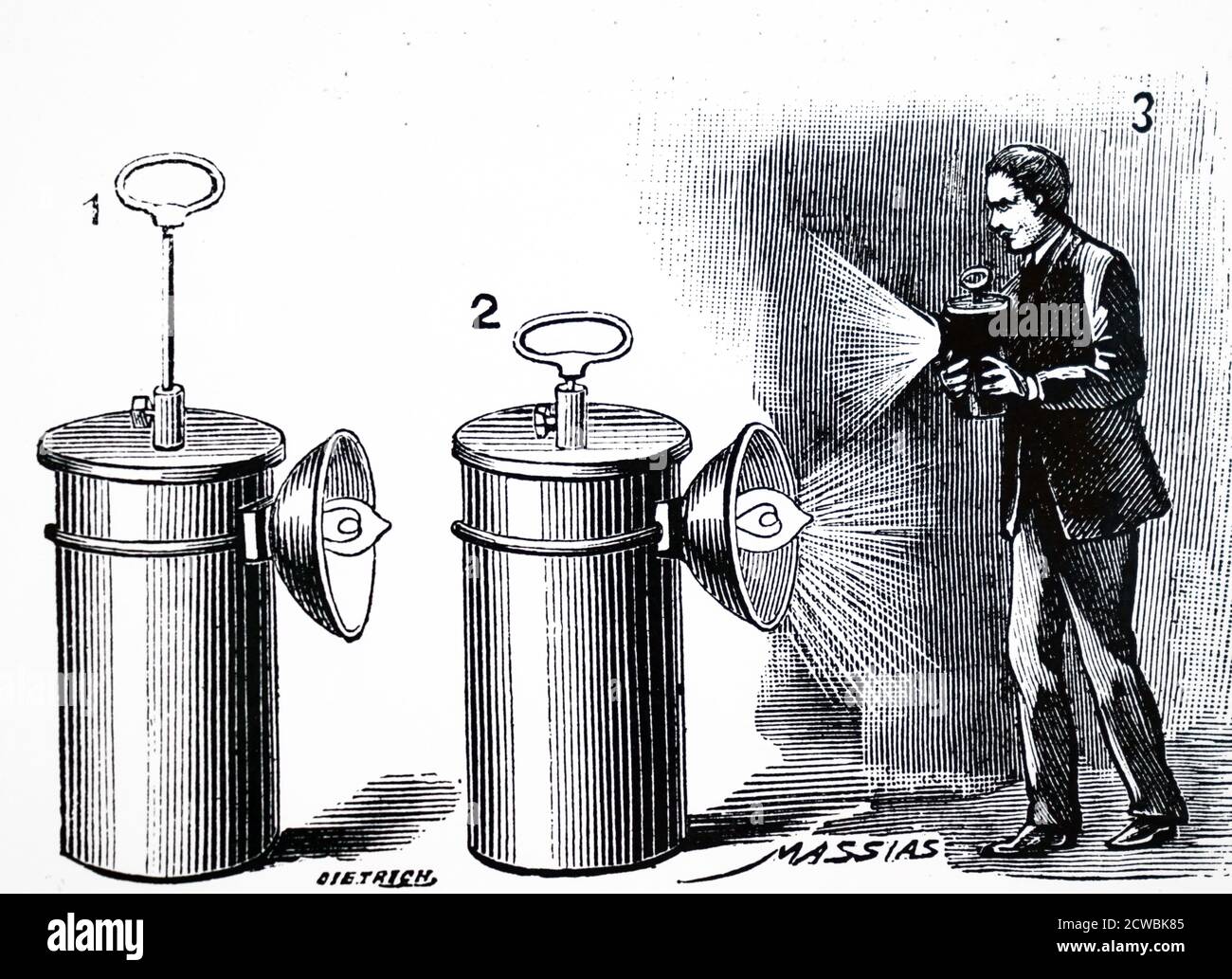 Engraving depicting a portable electric light which used a zinc or ...