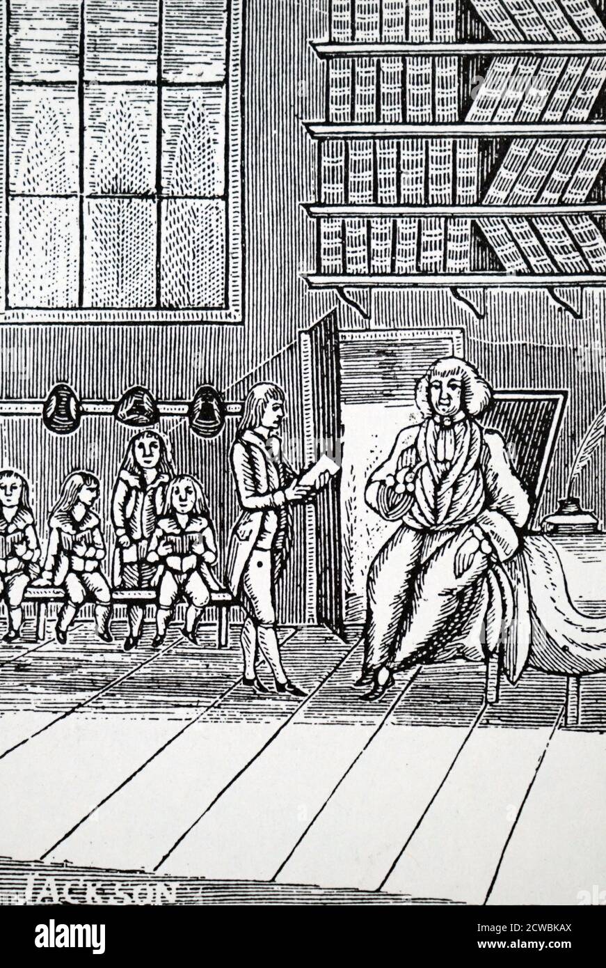 Woodcut engraving depicting a schoolmaster and his pupils Stock Photo ...