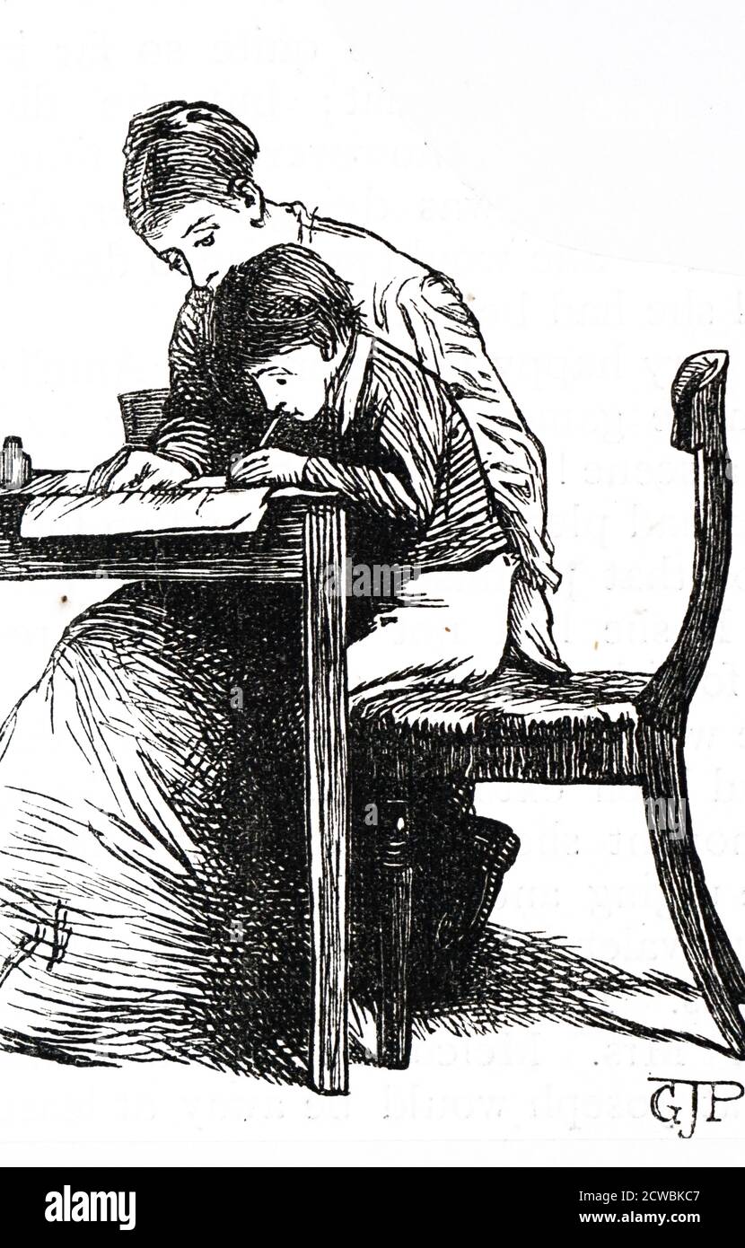 Engraving depicting a child learning to write. Illustrated by George ...