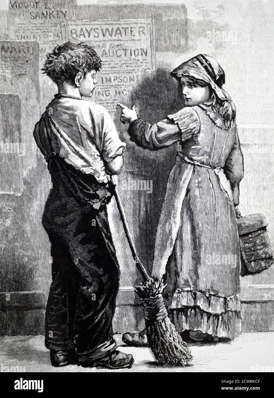 Engraving depicting a young girl using a poster to help teach a poor ...