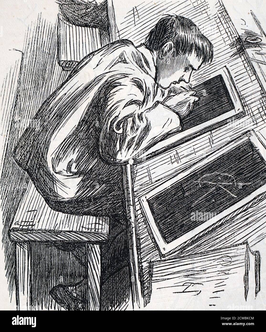 Engraving depicting a child writing with chalk on a slate Stock Photo ...