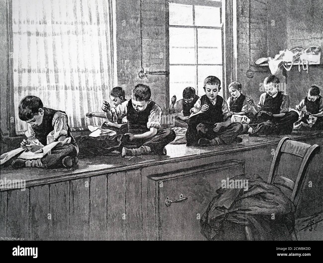 Engraving depicting a tailoring class at Truant School Stock Photo - Alamy