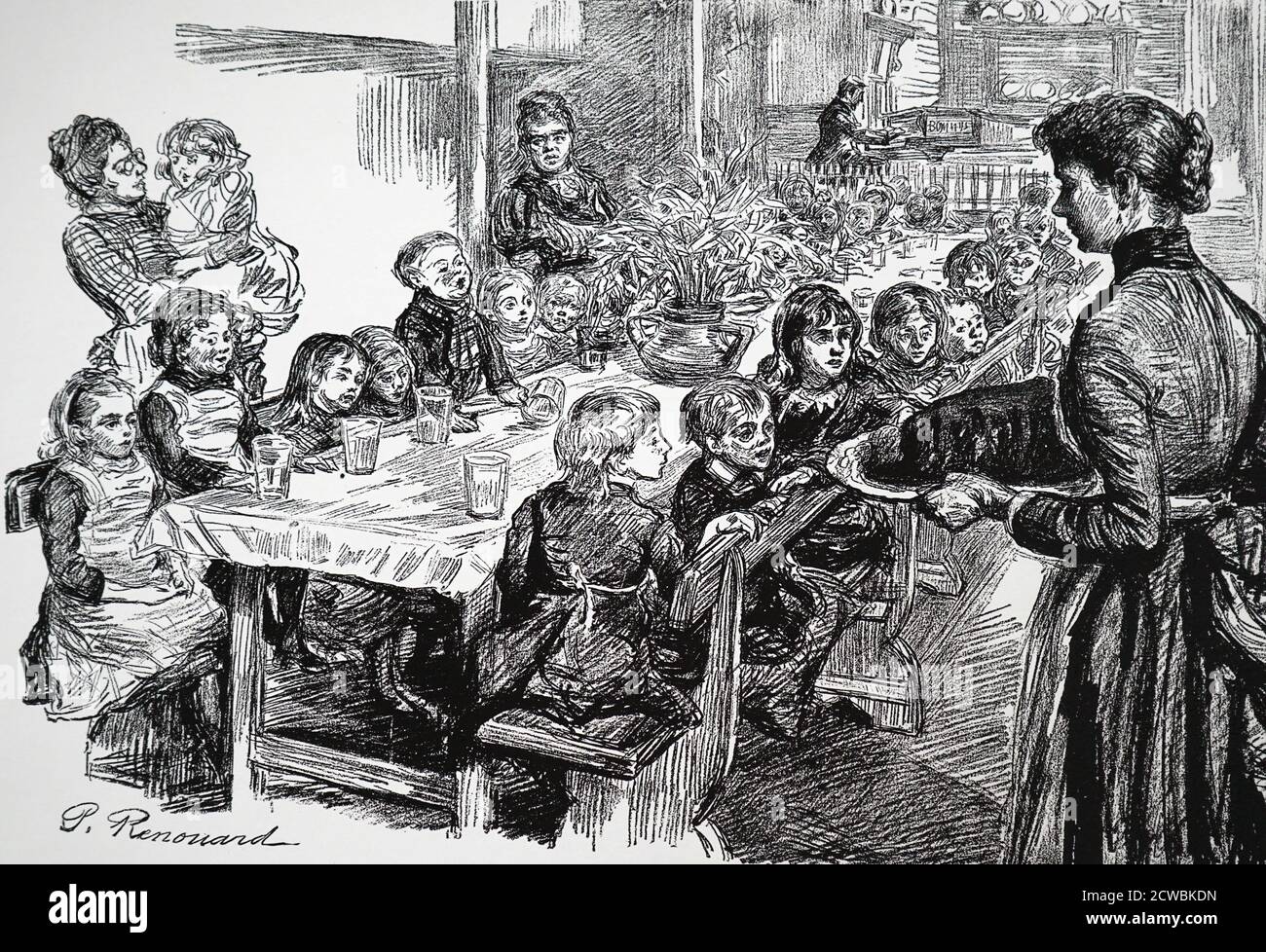 Cartoon depicting free dinner being served to poor children in Stepney ...