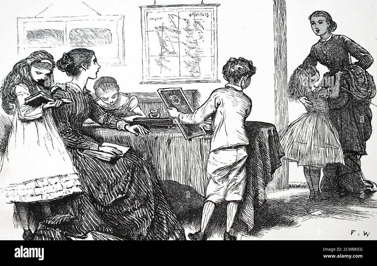 Engraving depicting a governess with her charges Stock Photo - Alamy