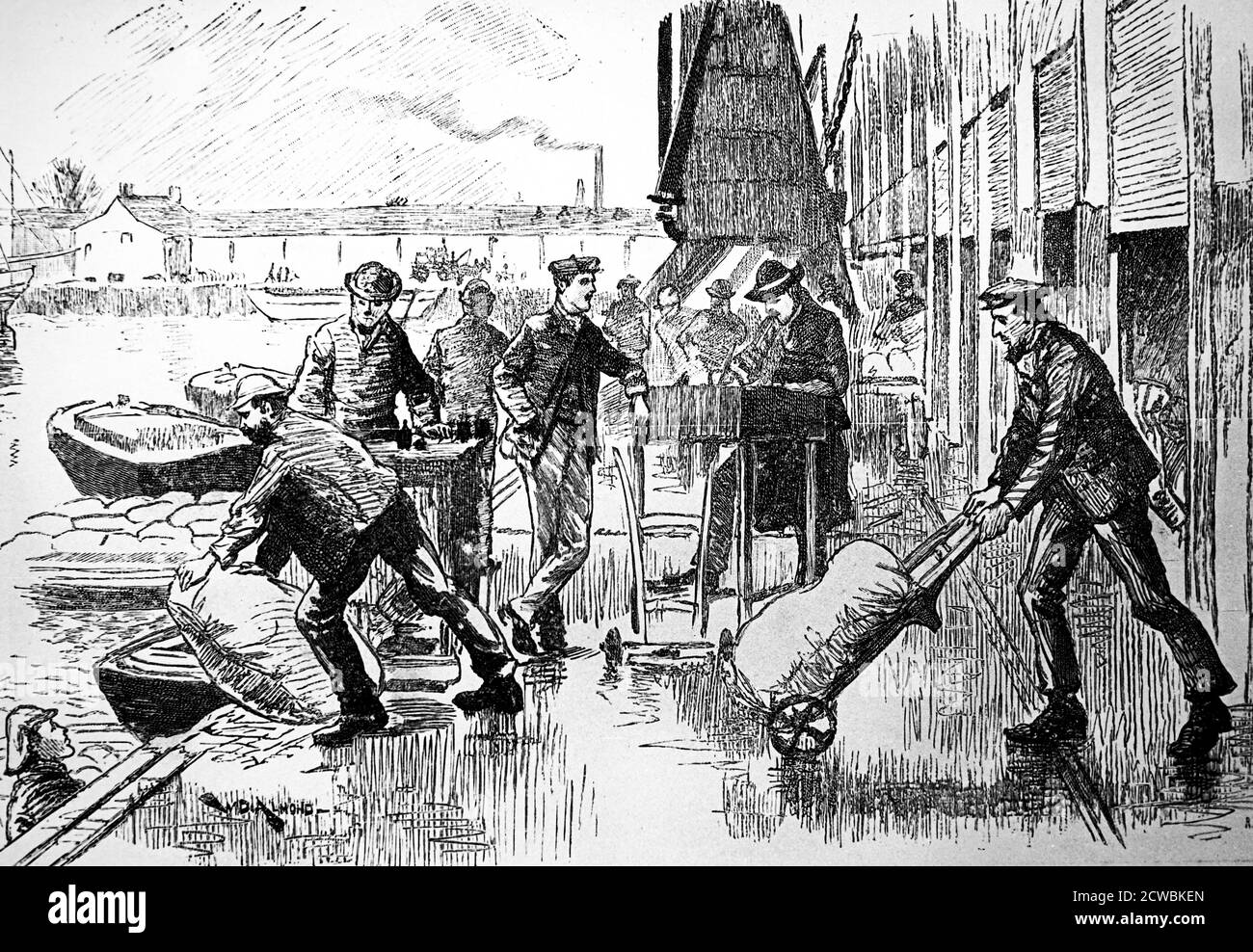 Engraving depicting London dockers at work in the East India Docks ...