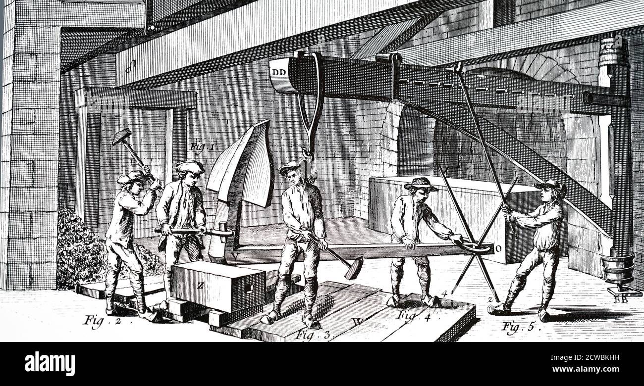 Woodcut engraving depicting the forging of an anchor: using a crane to ...