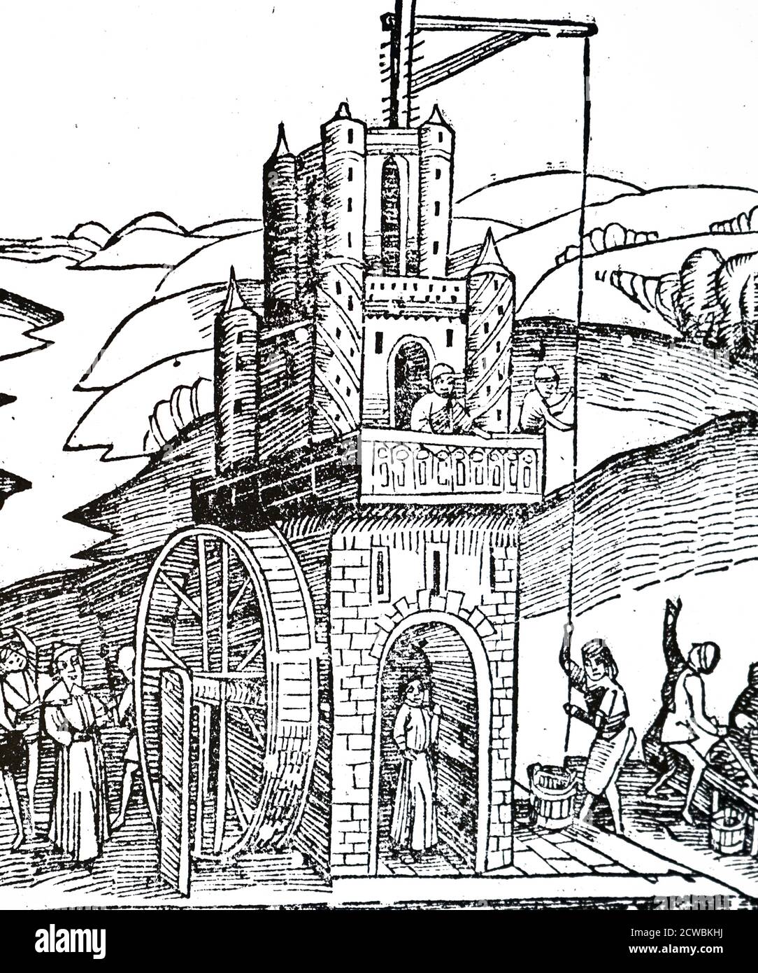 Woodcut engraving depicting a hoist being used to raise materials to ...