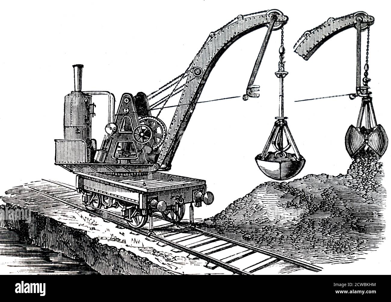 Engraving depicting a steam-powered travelling derrick fitted with a ...