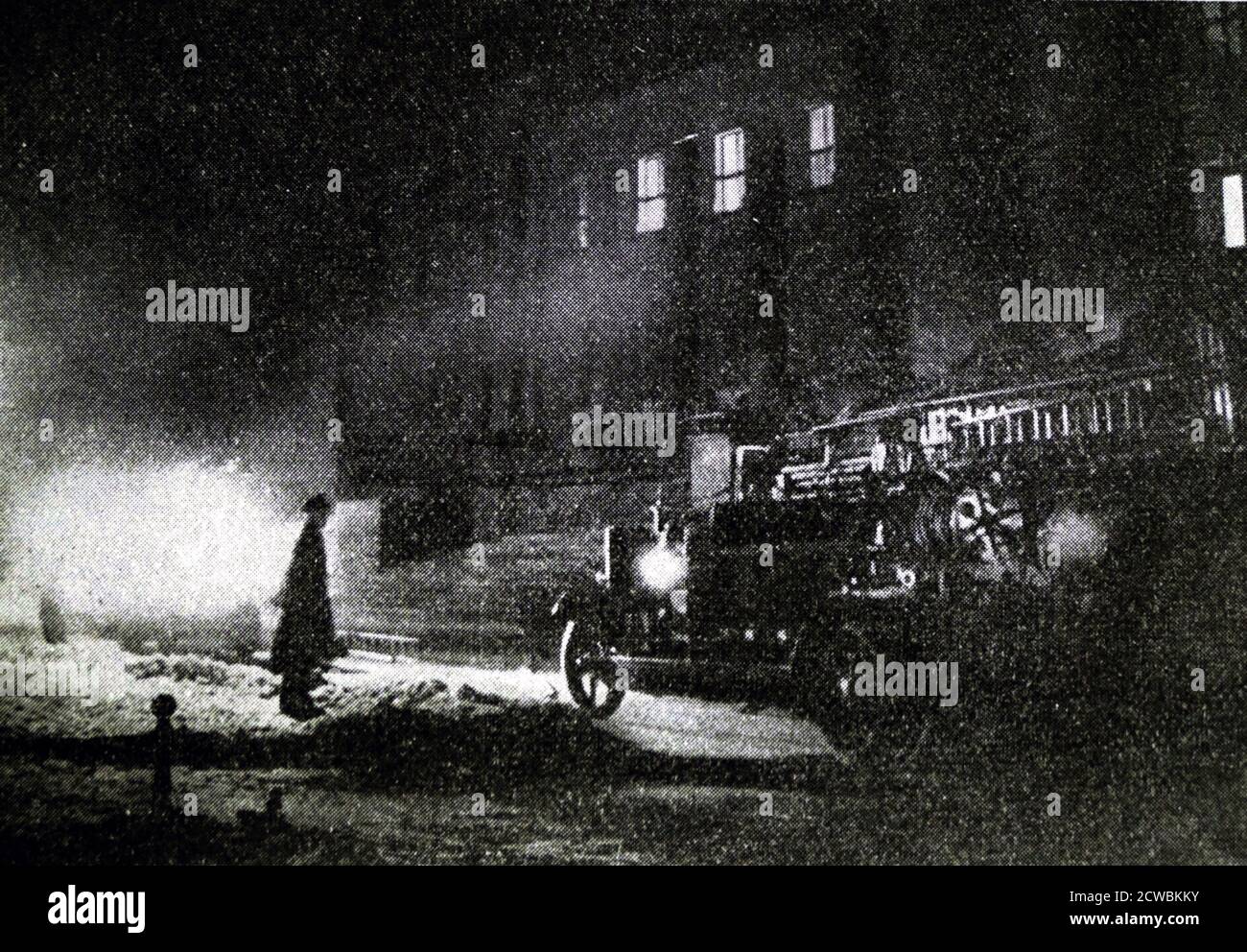 Black and white photo of the exterior view of the fire at the Reichstag ...