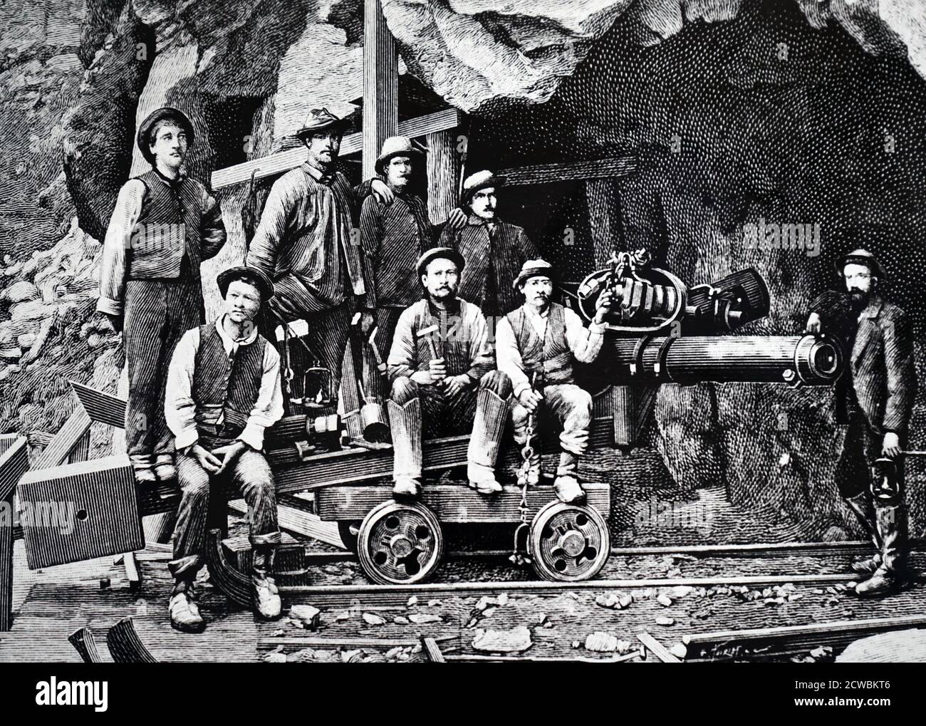 Engraving depicting the workmen sitting of the drilling machine for the ...