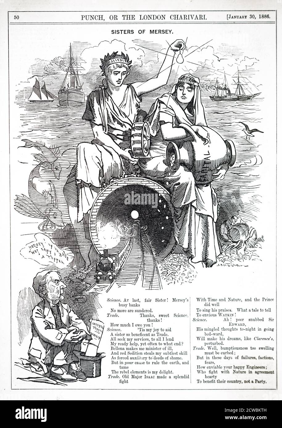 Cartoon depicting the opening of the Mersey tunnel linking Liverpool ...