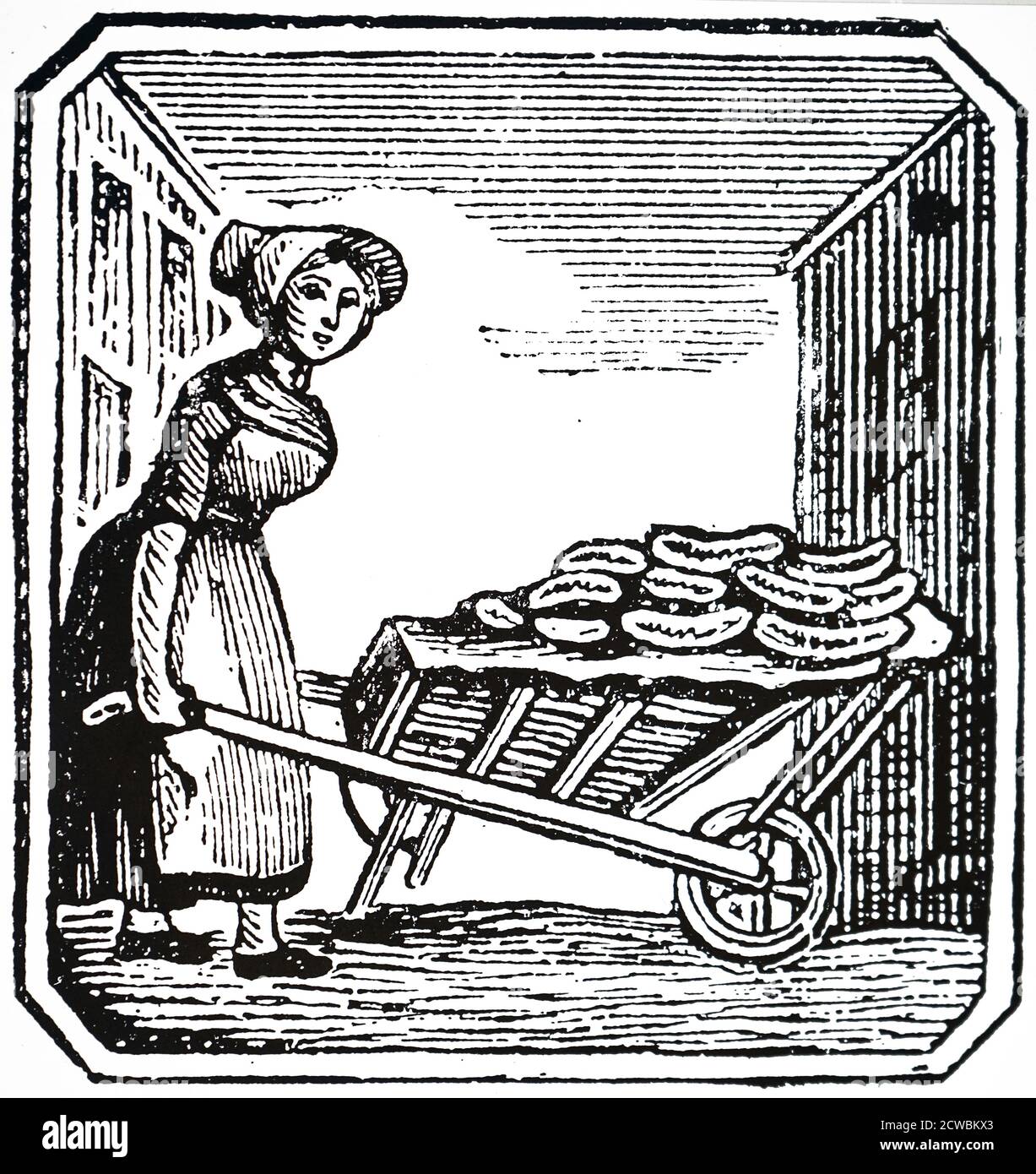 Woodcut engraving depicting a barrow girl transporting large cucumbers ...