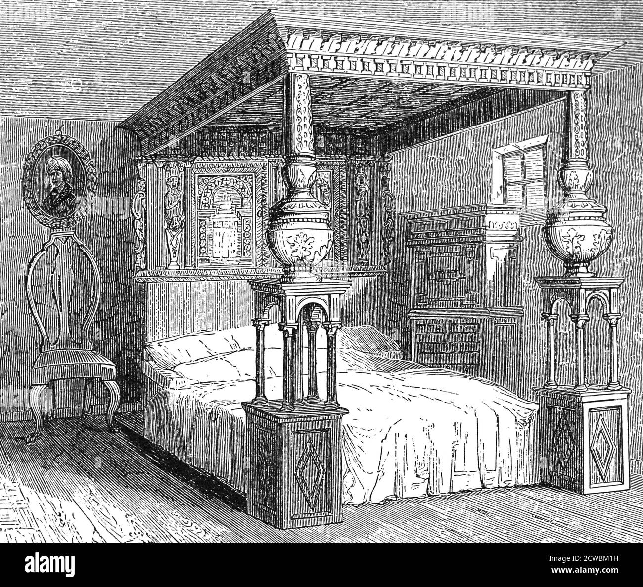 Engraving depicting a 16th-century four-poster bed, which could ...