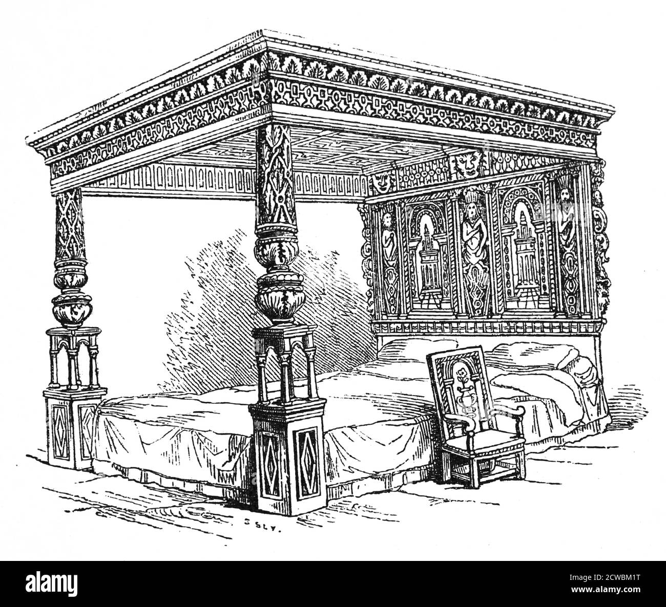 Engraving depicting a 16th-century four-poster bed, which could ...