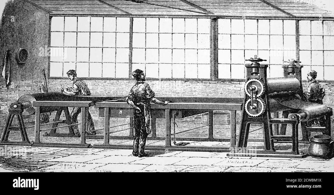 Engraving depicting the production of lengths of 'Mackintosh ...