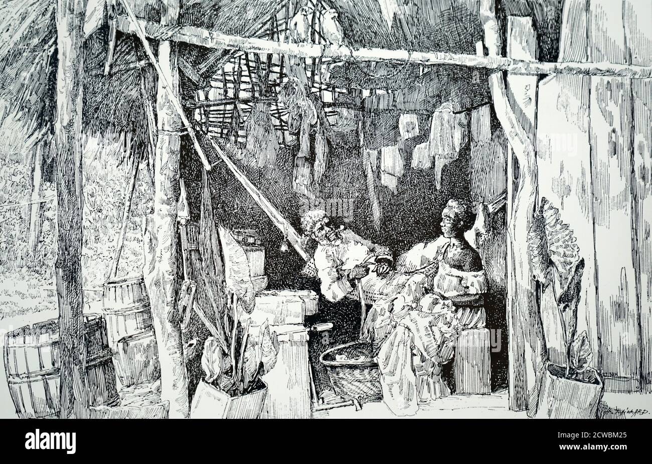 Engraving depicting a shack of a native rubber collector from a rubber ...