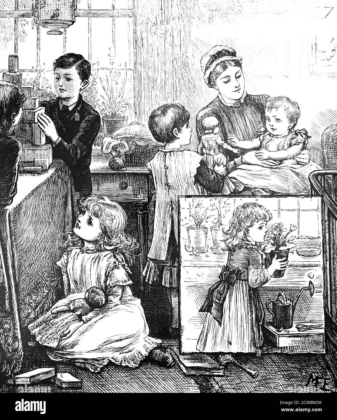 Engraving depicting children with their nursemaid, showing building ...