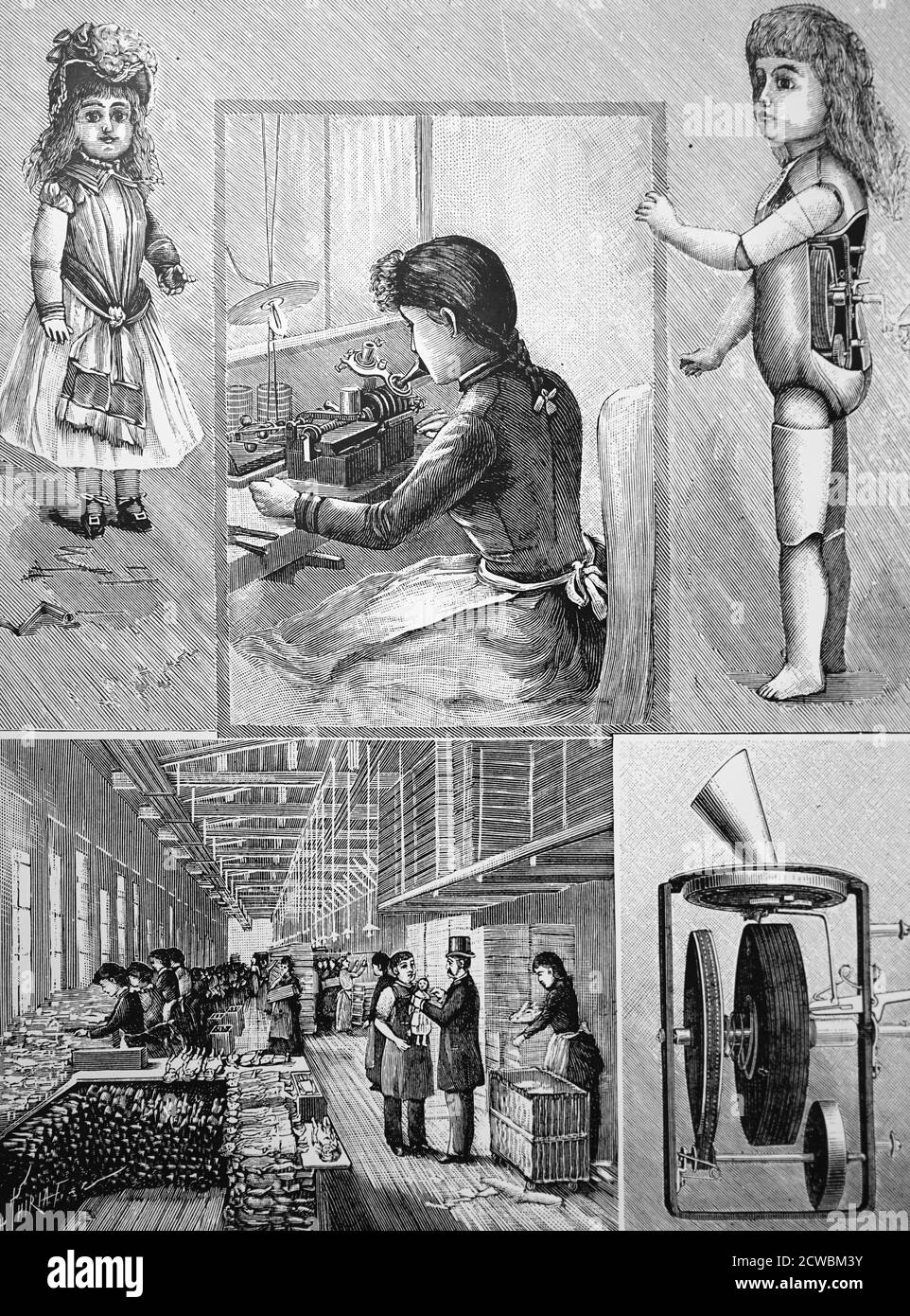 Engraving depicting the production of talking dolls fitted with an ...