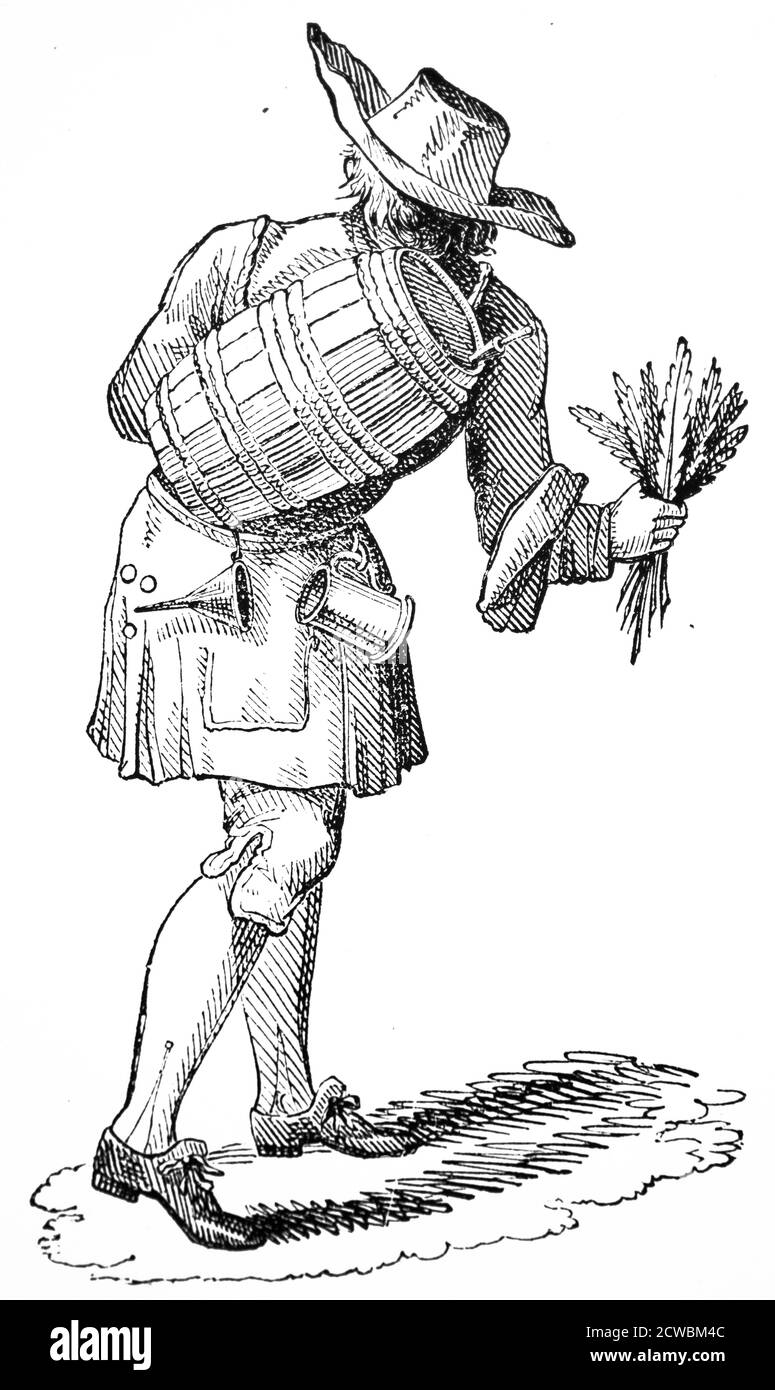Engraving depicting a street hawker selling quill pens and ink Stock ...