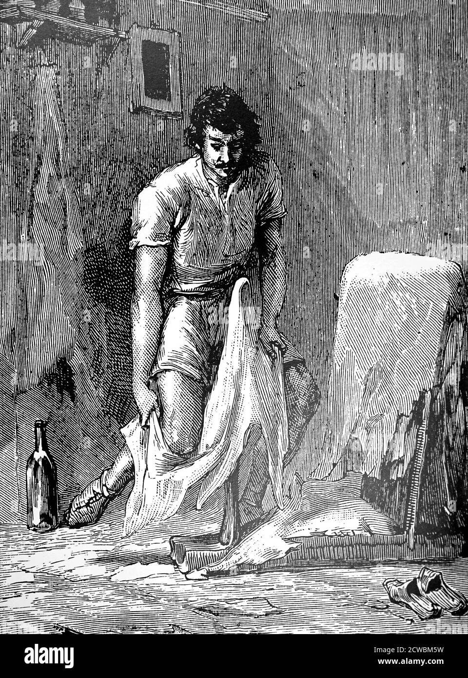 Engraving depicting the process of softening partially cured kid skin ...