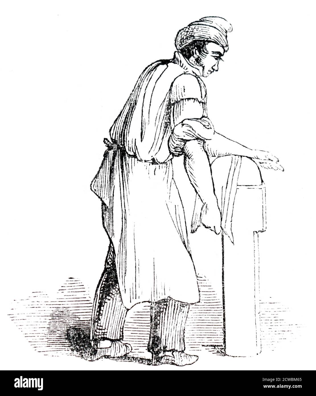 Engraving depicting the process of softening a dried skin by 'staking ...