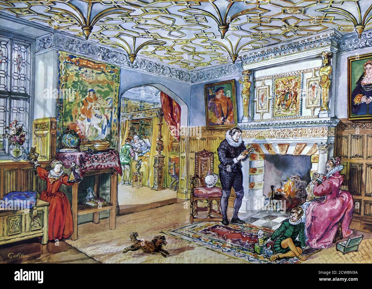 Illustration depicting a Tudor period interior of a wealthy family home ...