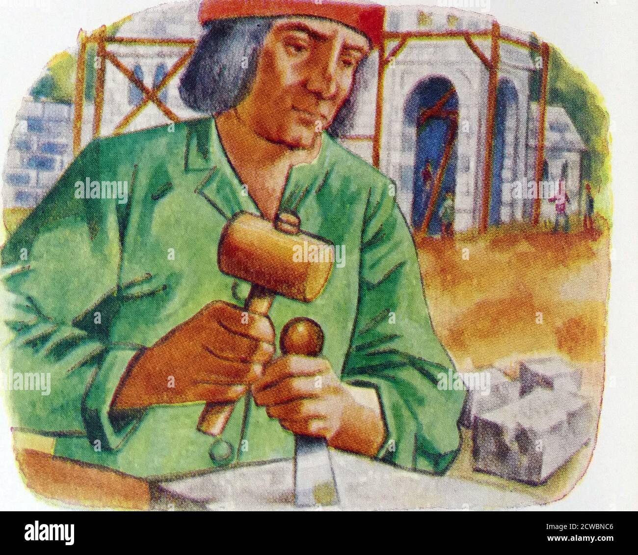 Illustration depicting medieval English stonemason, at work Stock Photo ...