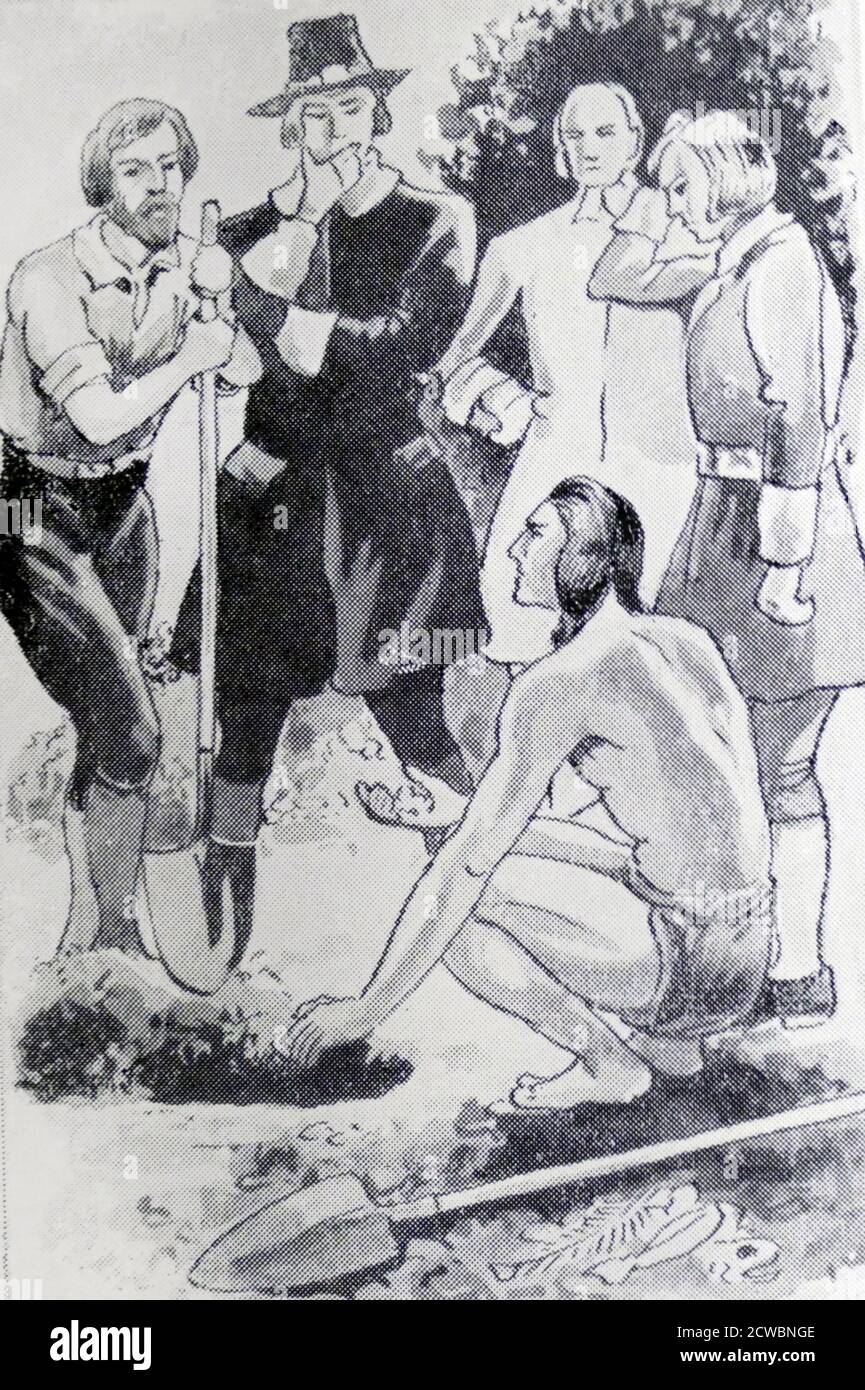 Illustration showing Squanto showing settlers how to fertilize the soil ...