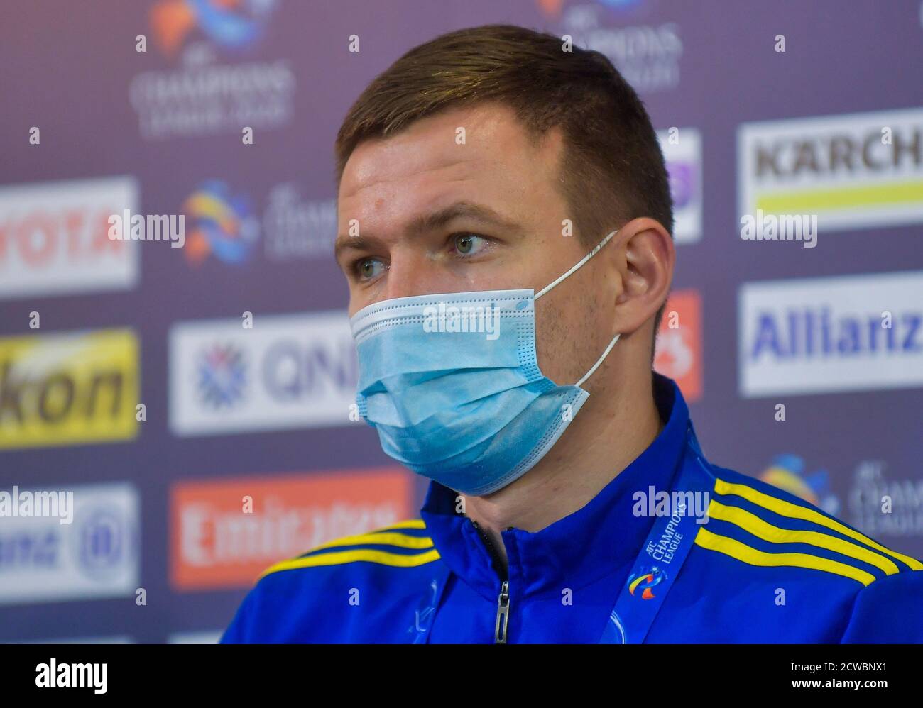 Doha, Qatar. 29th Sep, 2020. Pakhtakor's player Egor Krimets attends a ...