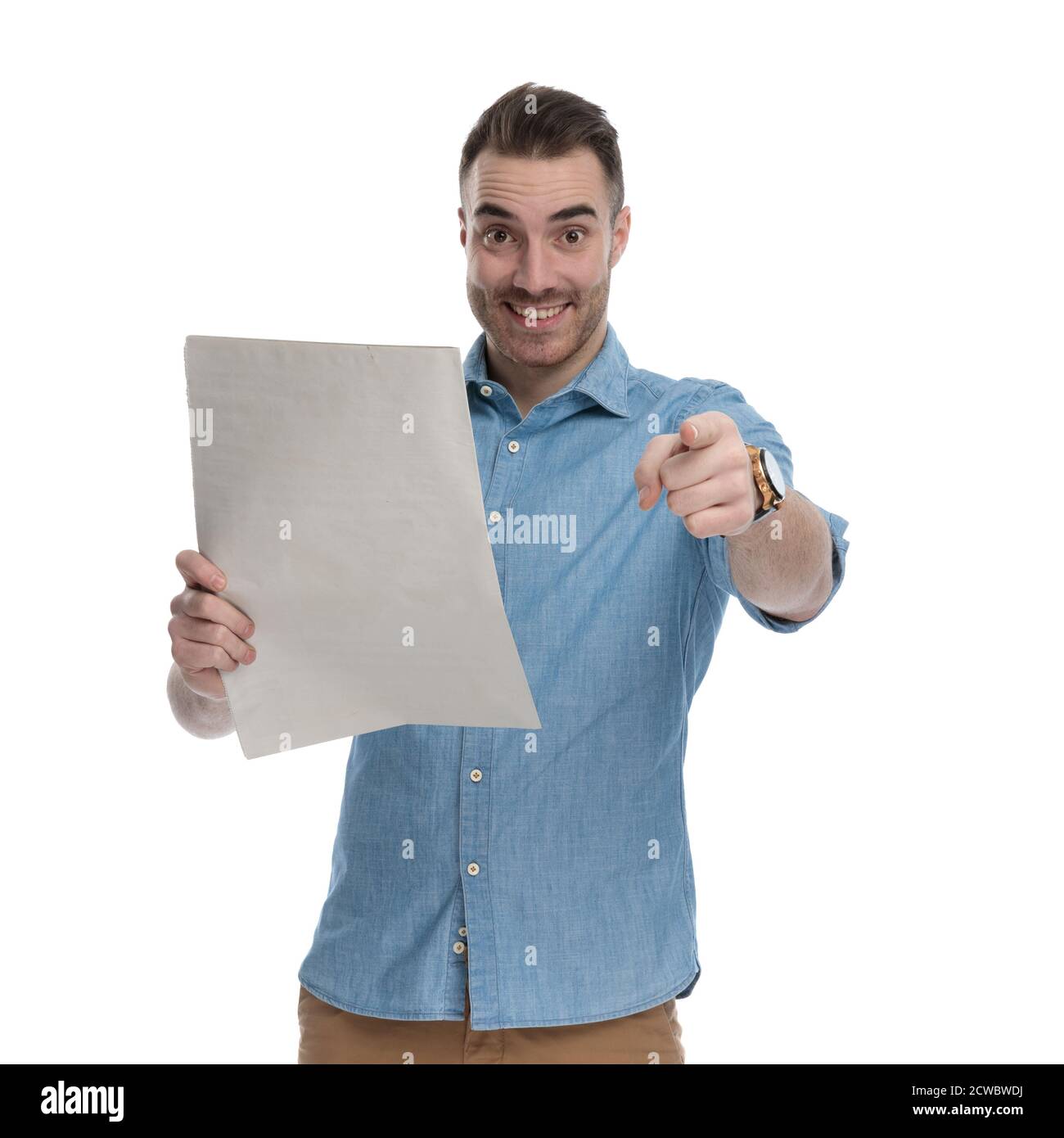 Smiling man showing newspaper hi-res stock photography and images - Alamy