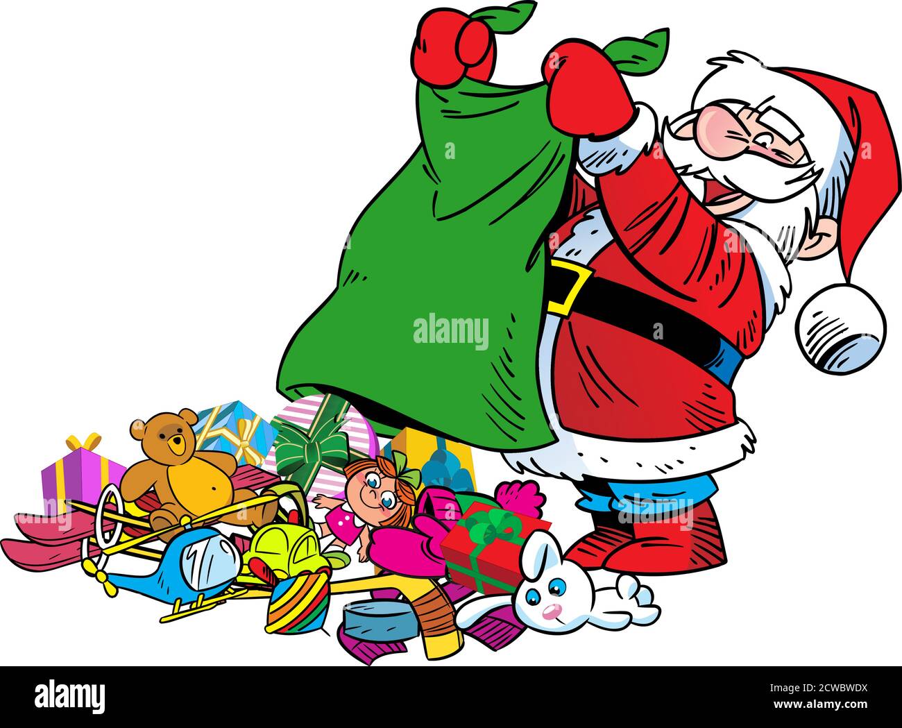 Vector illustration shows a cheerful Santa Claus, who shake out ...