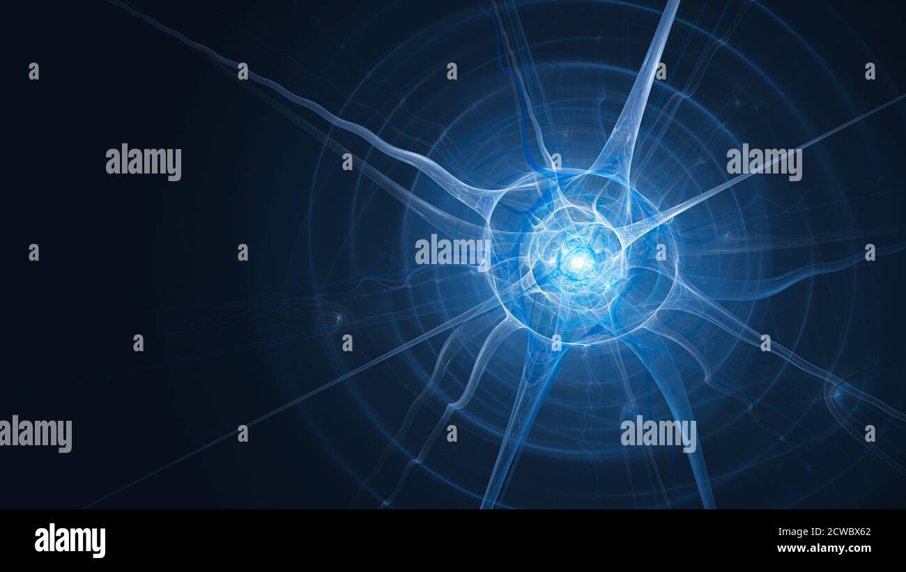 Blue glowing neuron with axons, computer generated abstract template ...