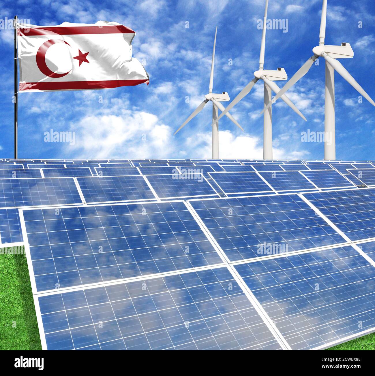 Solar panels on the background of a flagpole with the flag of Turkish ...
