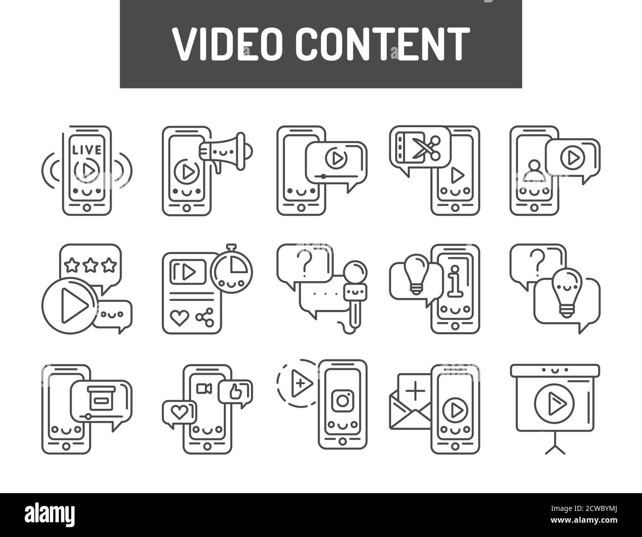 Custom video content black icons set. Signs for web page, mobile app ...